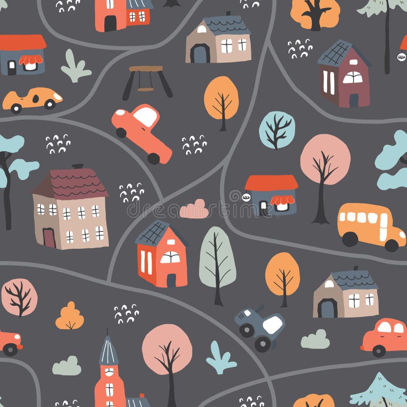 Cute City Map Seamless Pattern, Cartoon Town Landscape Background ...
