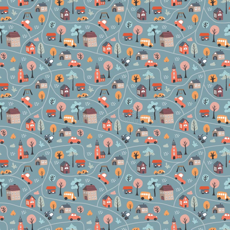 Cute City Map Seamless Pattern, Cartoon Town Landscape Background ...
