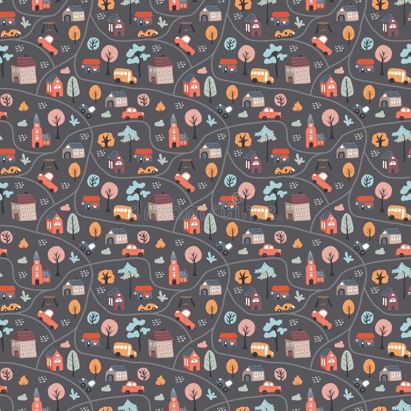Cute City Map Seamless Pattern, Cartoon Town Landscape Background ...