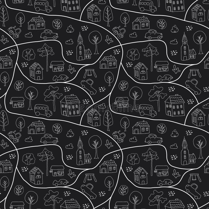 Cute City Map Seamless Pattern, Cartoon Town Landscape Background ...