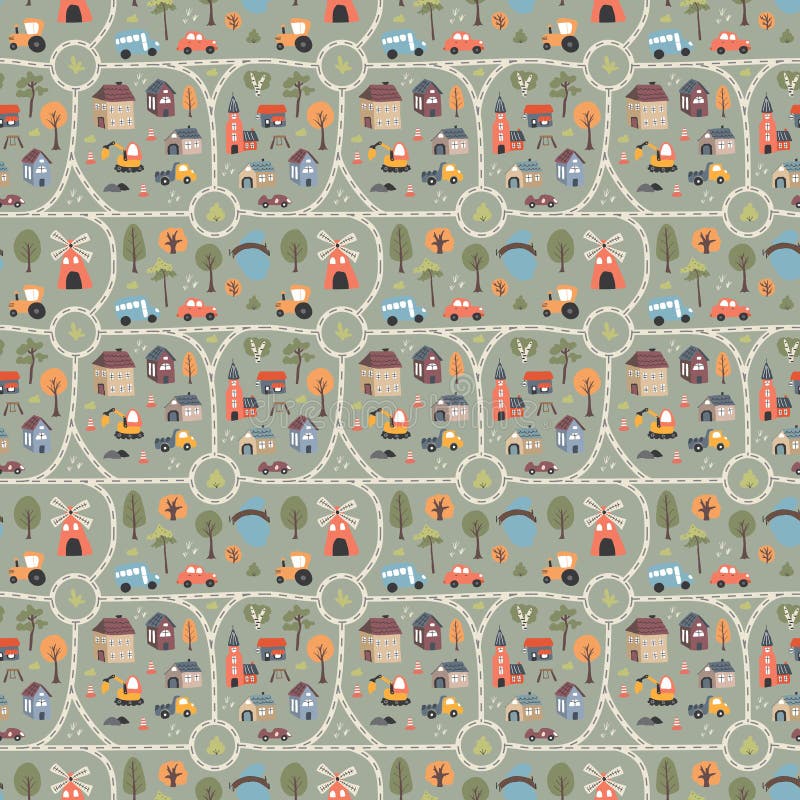 Cute City Map Seamless Pattern, Cartoon Town Landscape Background ...