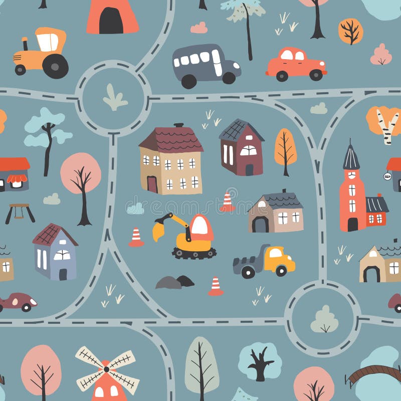 Cute City Map Seamless Pattern, Cartoon Town Landscape Background ...