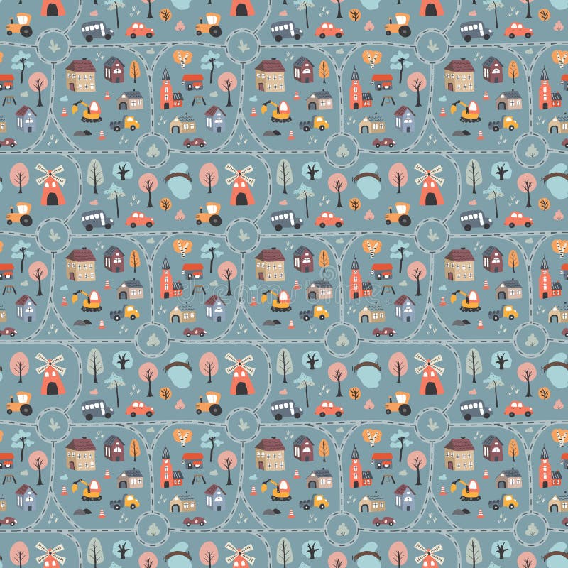 Cute City Map Seamless Pattern, Cartoon Town Landscape Background ...