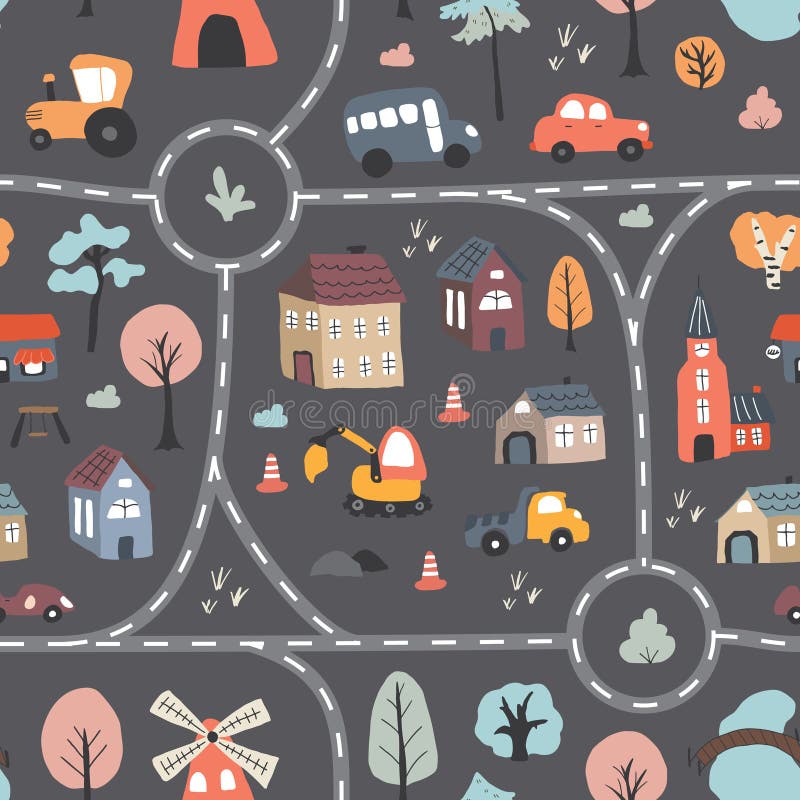 Cute City Map Seamless Pattern, Cartoon Town Landscape Background ...