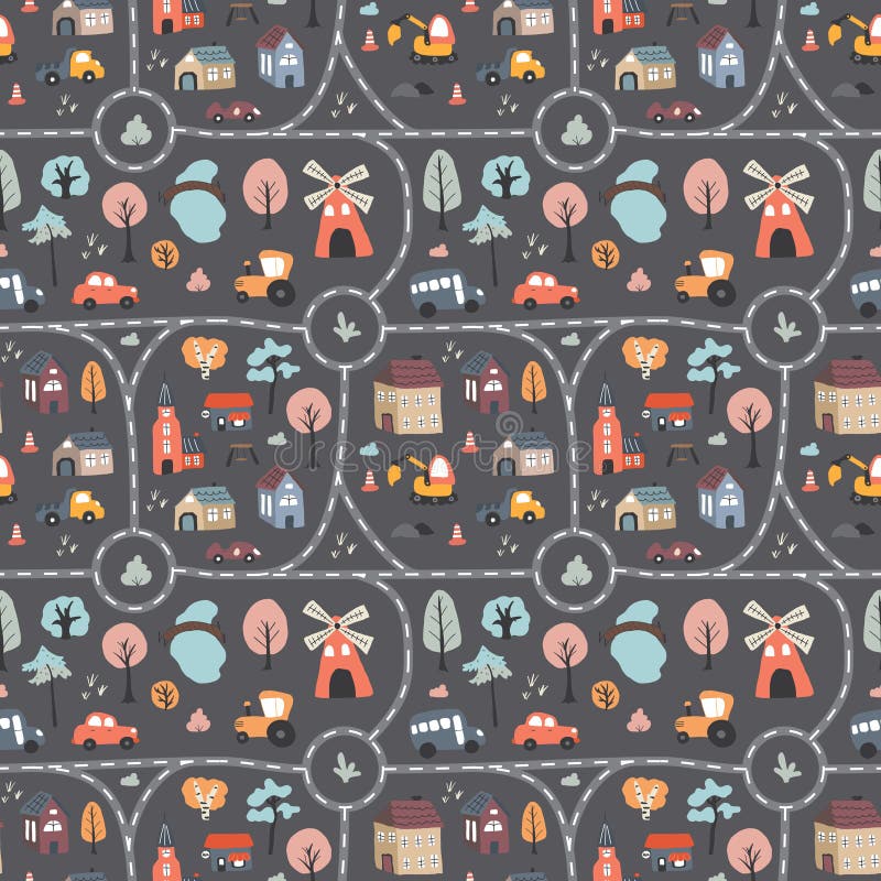 Cute City Map Seamless Pattern, Cartoon Town Landscape Background ...