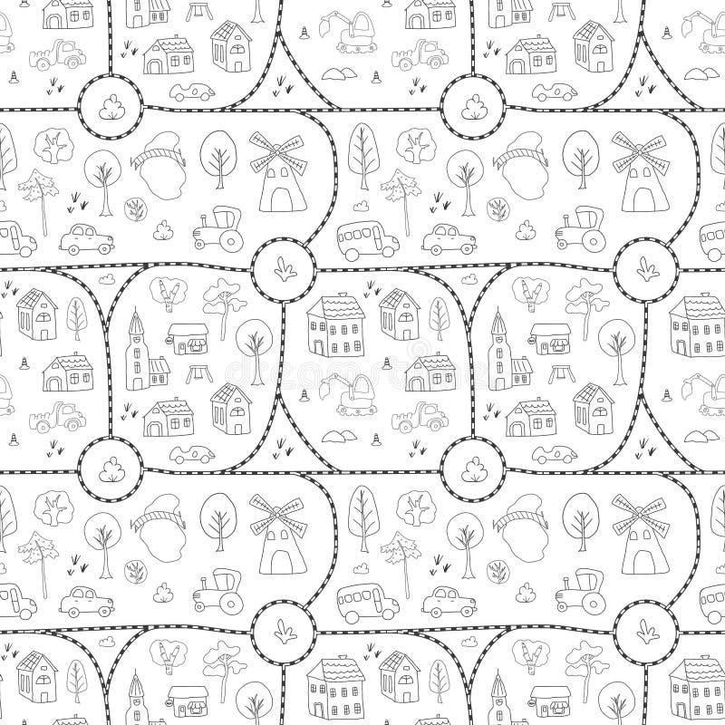 Cute City Map Seamless Pattern, Cartoon Town Landscape Background ...