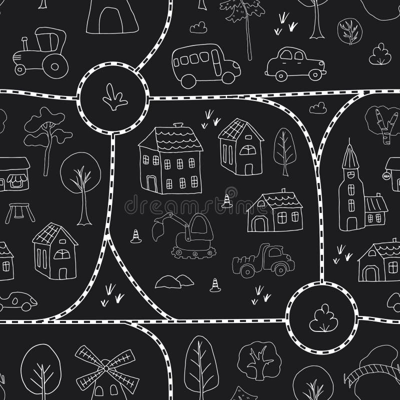 Cute City Map Seamless Pattern, Cartoon Town Landscape Background ...