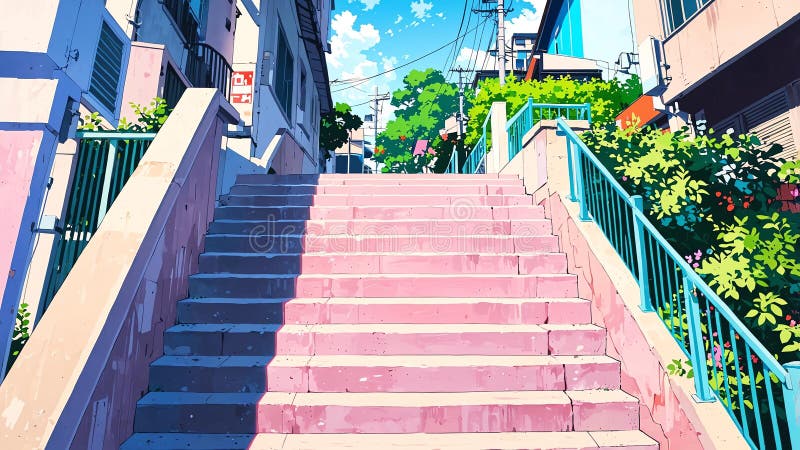 Cute City Staircase Perspective Anime Style Ai Generated Stock ...