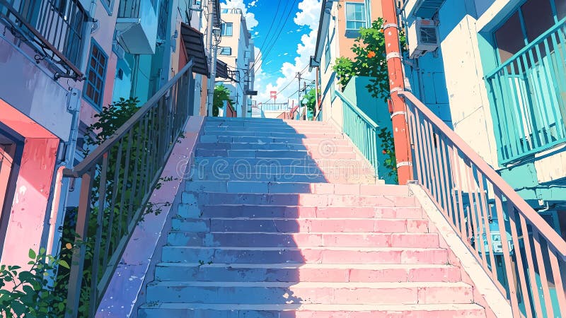 Cute City Staircase Perspective Anime Style Ai Generated Stock ...
