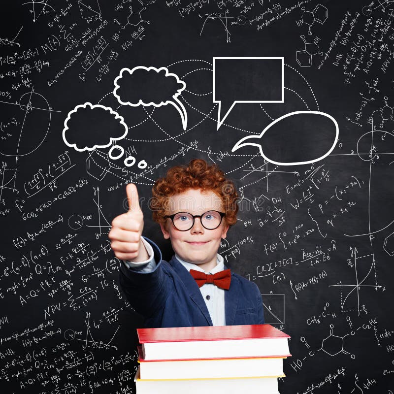 Cute Clever Kid Boy with Empty Speech Clouds Bubbles on Science ...