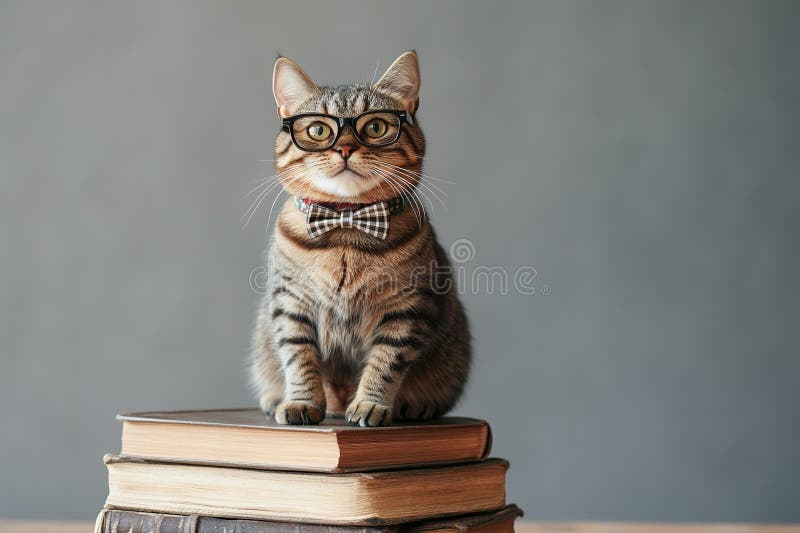 Cute Clever Tabby Cat in Glasses and Bow Tie Sitting on a Stack of ...
