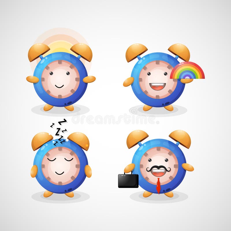 Cute Clock Cartoon Mascot Set Stock Illustration - Illustration of flat ...
