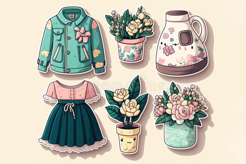 Cute Clothes and Flowers Stickers. Created with Generative AI ...