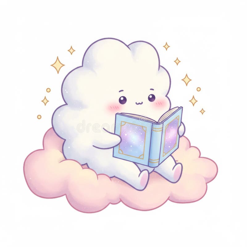 Cute Cloud Character Reading a Book Stock Illustration - Illustration ...