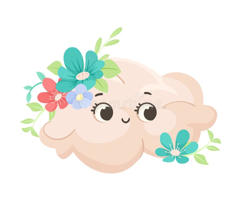 Cute Cloud with Flowers and Pretty Face Vector Illustration Stock ...