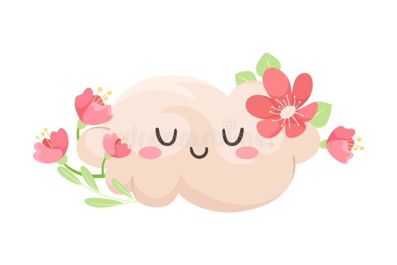 Cute Cloud with Flowers and Pretty Face Vector Illustration Stock ...