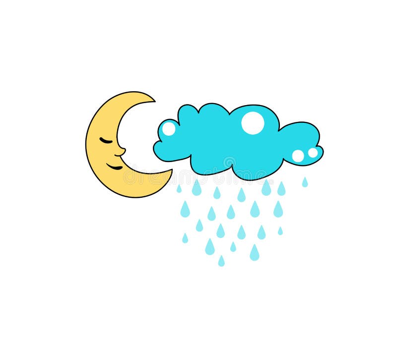 Cute Cloud and Moon Vector. Character Design. Rain Drops Stock Vector ...