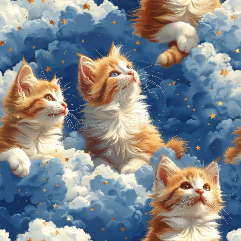 Cute Clouds and Cats - Seamless Pattern with Blue Clouds and White-red ...