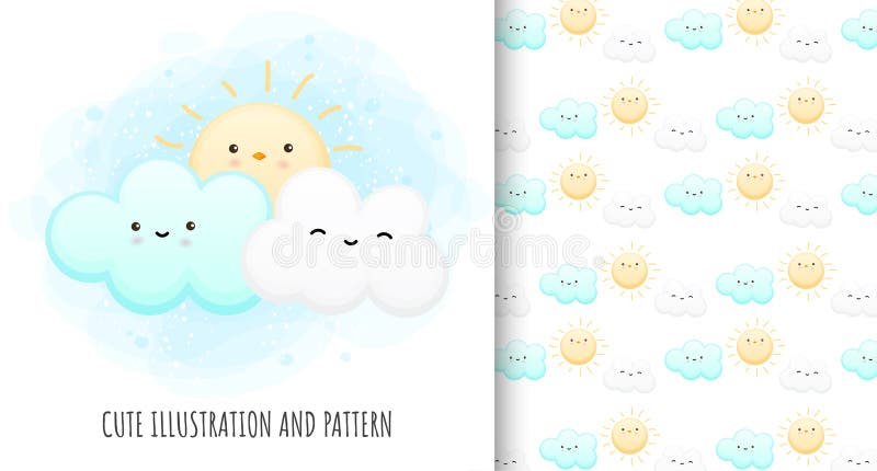Cute Clouds and Sun Illustration and Pattern Premium Vector Stock ...
