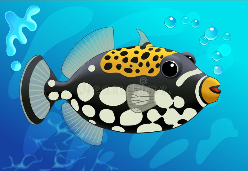 Cute Clown Trigger Fish in Cartoon Style on a Blue. Underwater ...