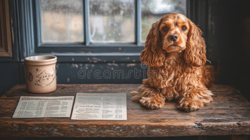 Cute Cocker Spaniel Puppy Contemplating the Menu at a Rustic Restaurant ...