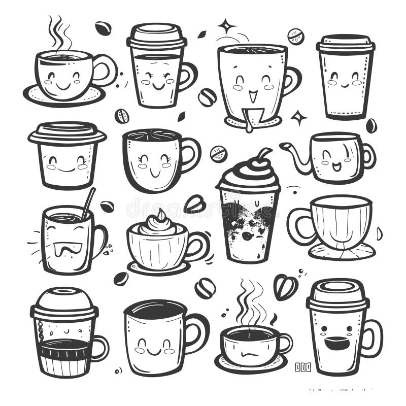 Adorable Kawaii Coffee Cups and Drinks Collection: Hand-Drawn Vector ...