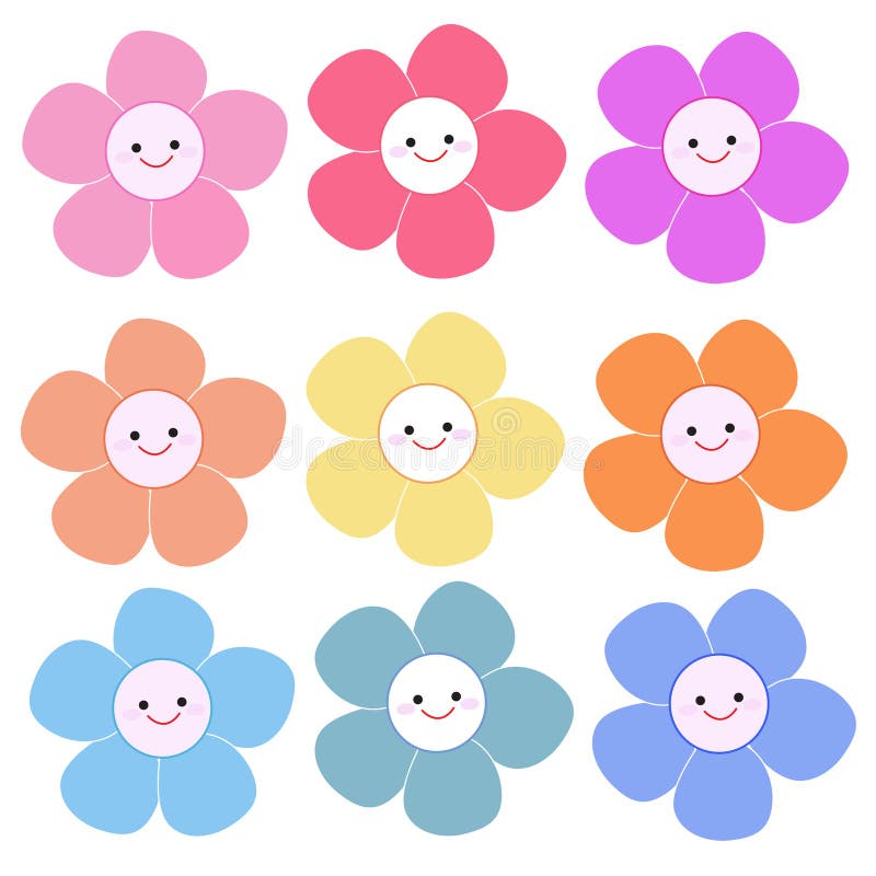 Cute Colored Flowers with a Smiling Face Stock Illustration ...