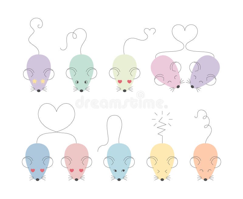 Cute Colored Mice Characters Set. Doodle Mouse Mascot Emoji Collection ...