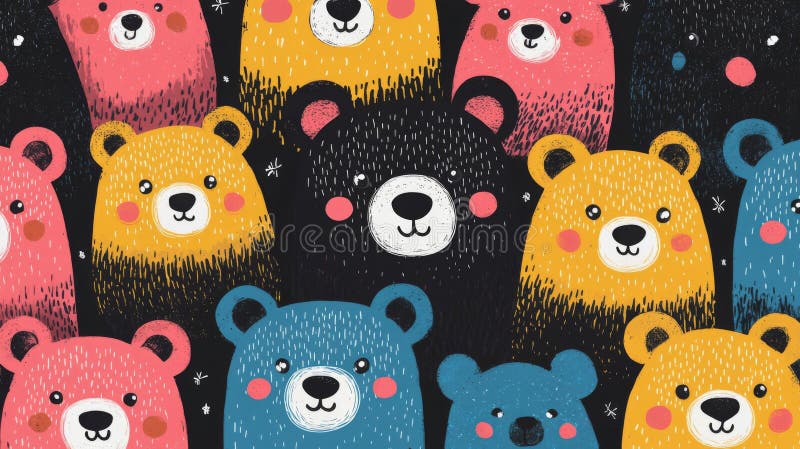 Cute Colorful Cartoon Bears Dark Background Illustration Stock ...
