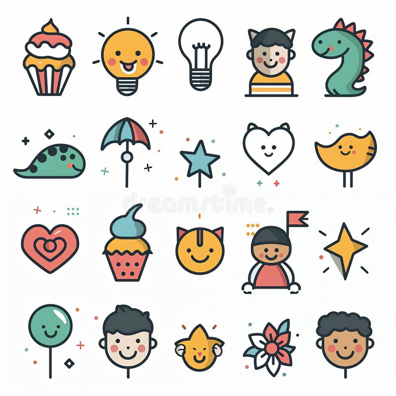 Cute Colorful Cartoon Icons Set Stock Illustration - Illustration of ...