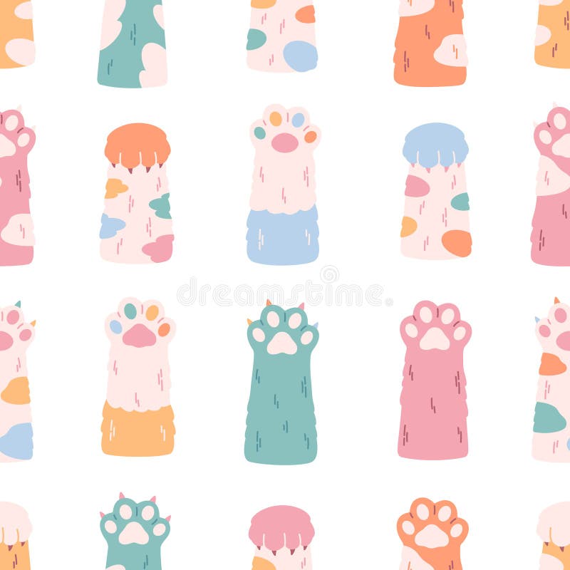 Cute Colorful Cats Paws Seamless Pattern. Different Funny Pet Paws with ...