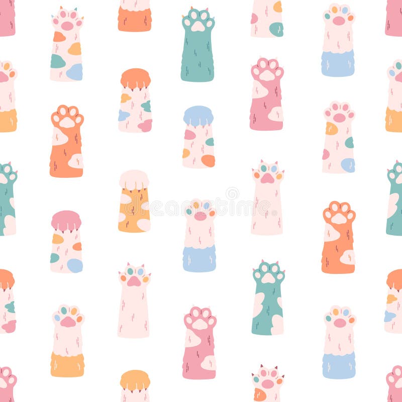 Cute Colorful Cats Paws Seamless Pattern. Different Funny Pet Paws with ...