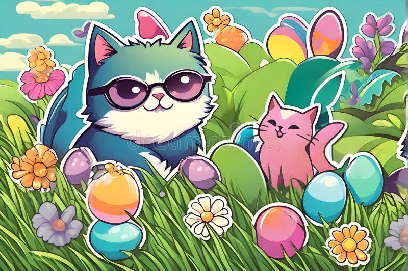 Cute Colorful Cats, Sticker Style, Easter Eggs Stock Illustration ...