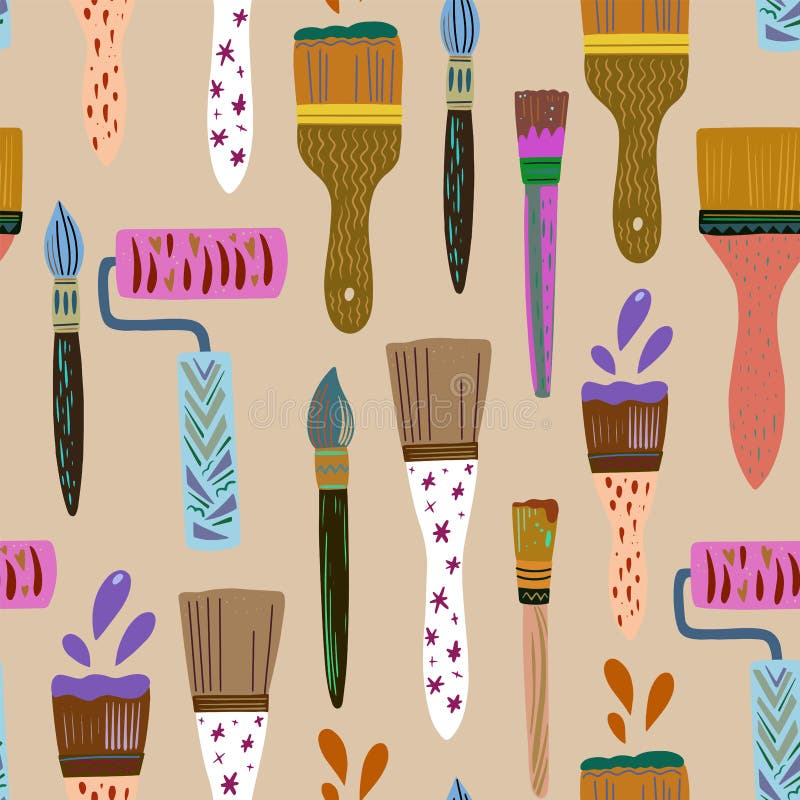 Cute Colorful Doodle Hand Drawn Seamless Pattern with Paint Brushes and ...