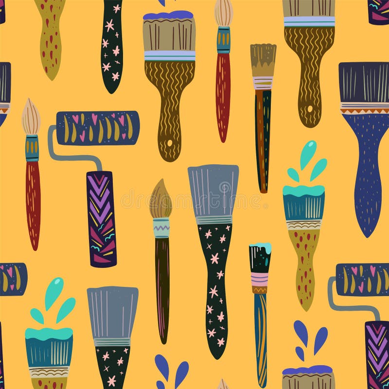 Cute Colorful Doodle Hand Drawn Seamless Pattern with Paint Brushes and ...