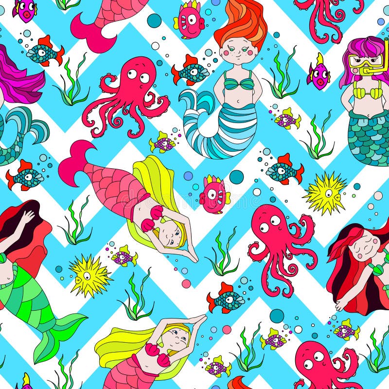 Cute and Colorful Hand Drawn See Fish and Mermaid Seamless Pattern ...