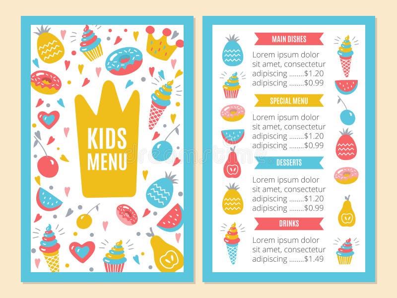 Cute Colorful Kids Meal Menu Vector Template Stock Vector ...