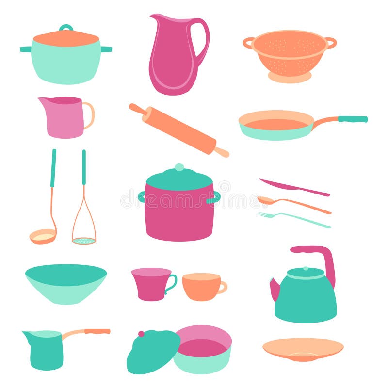 Cute Colorful Kitchen Utensil Set. Flat Design Stock Vector ...