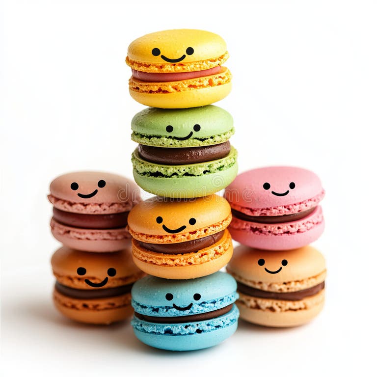 Cute Colorful Macarons with Smiling Faces Stacked on White Background ...