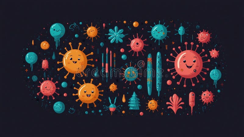 Cute and Colorful Microbes and Viruses with Faces in Abstract Digital ...