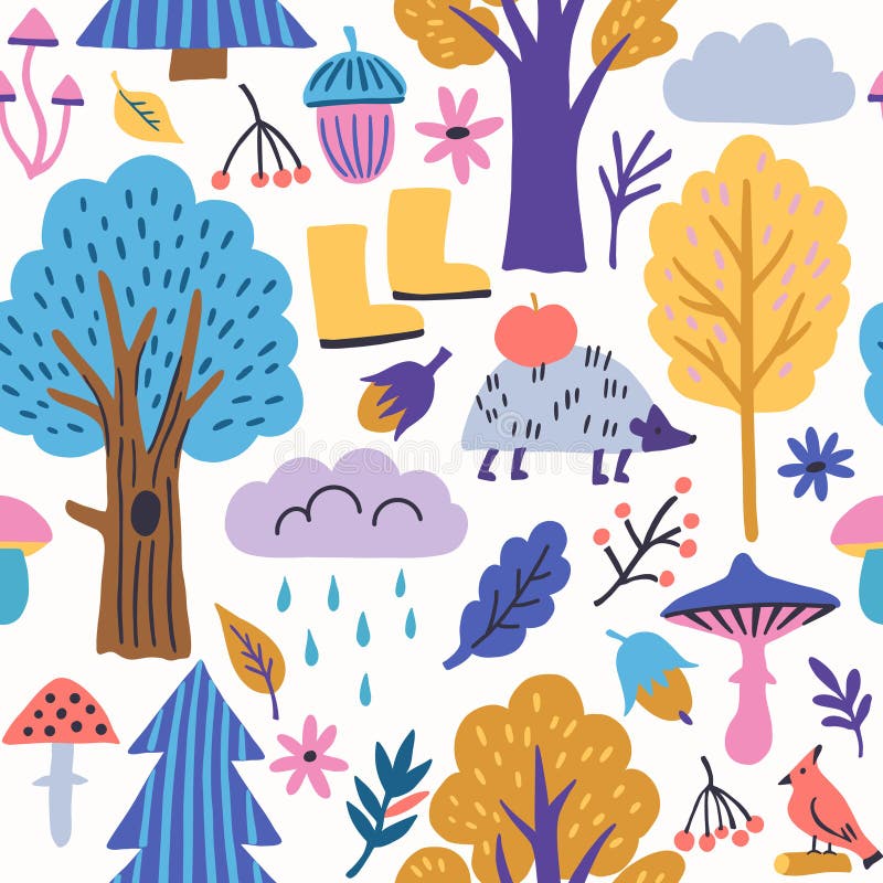 Cute Colorful Modern Seamless Pattern with Autumn Forest Elements Stock ...