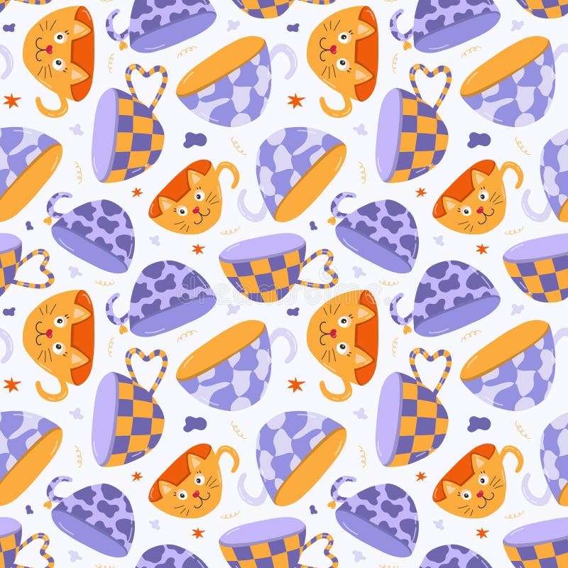 Cute and Colorful Seamless Pattern with Handmade Ceramic Mugs with ...