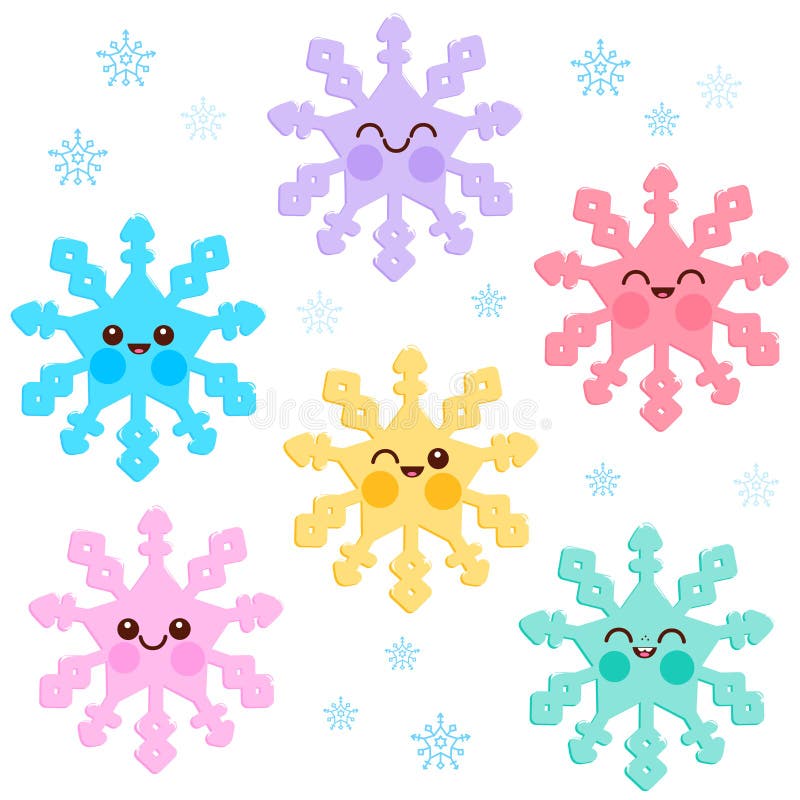 Cute Snowflake Characters. Colorful Cartoon Winter Snow Flakes. Vector ...