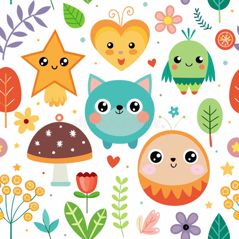 Cute, Colorful, and Whimsical Characters and Plants Repeat Pattern ...