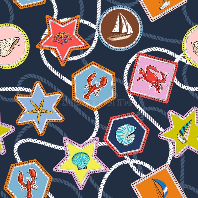 Cute and Colourful Summer Seamless Pattern Vacation Moment with Hand Drawn Seashells, Beach Life ...