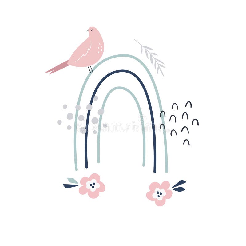 Cute Composition with Hand Drawn Rainbow, Bird and Textured Elements ...