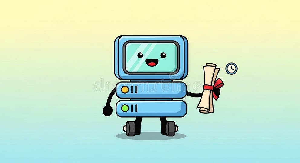 Cute Computer Server Character Holding a Diploma and Clock ...