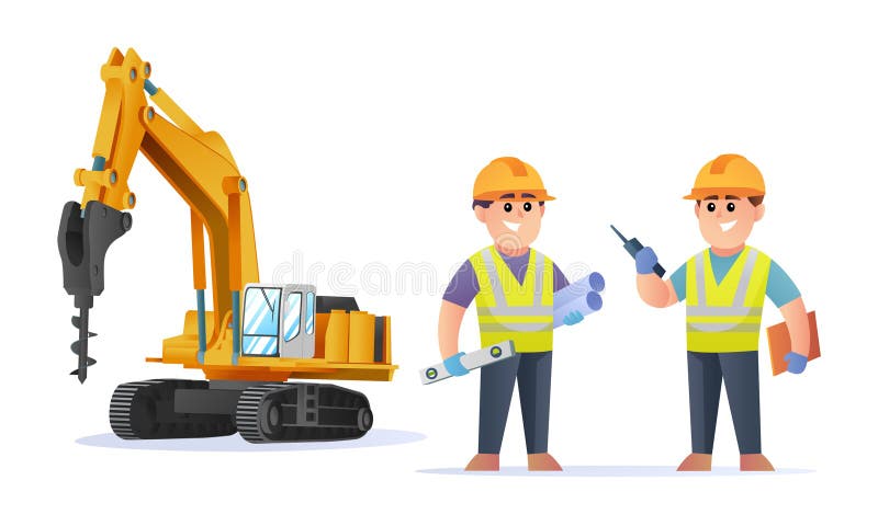 Cute Construction Engineer Characters with Drill Excavator Stock Vector ...