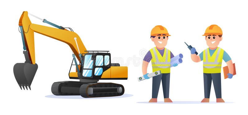 Cute Construction Engineer Characters with Excavator Stock Vector ...