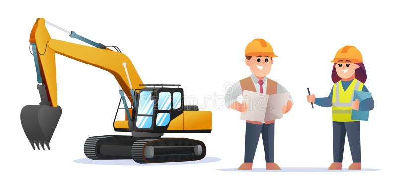 Cute Construction Foreman and Female Engineer Characters with Excavator ...